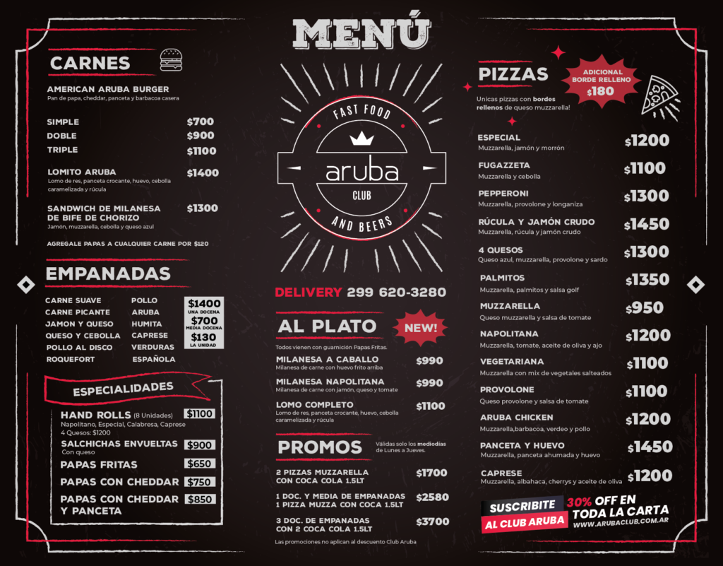Carta Aruba Fast Food - Aruba Club